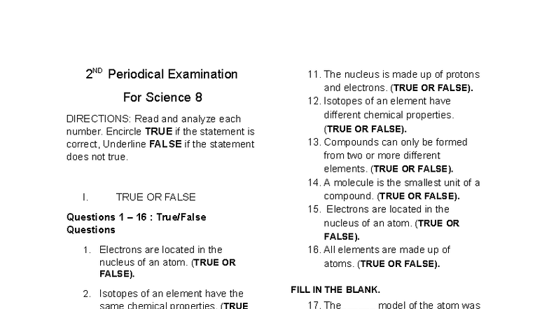 2ND Periodical Exam for Science 8: True/False & MCQ Questions - Studocu