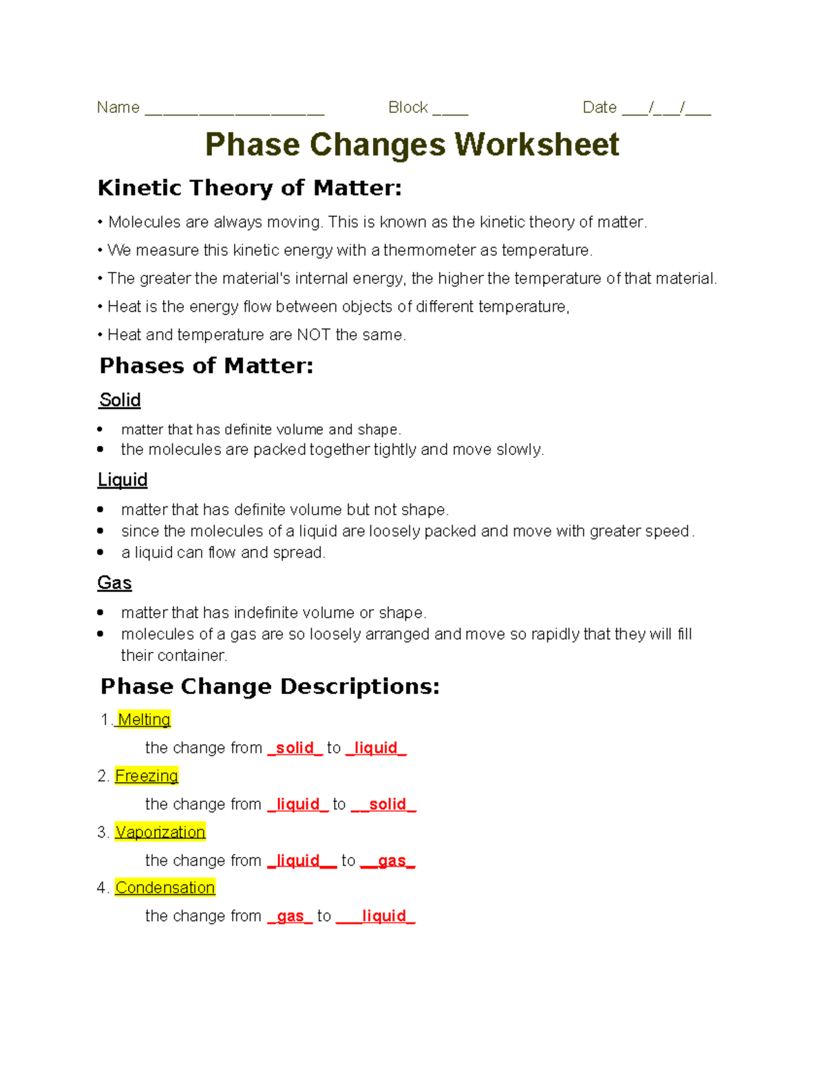 Phase Change Worksheet - Name ____________________ Block ____ Date ...