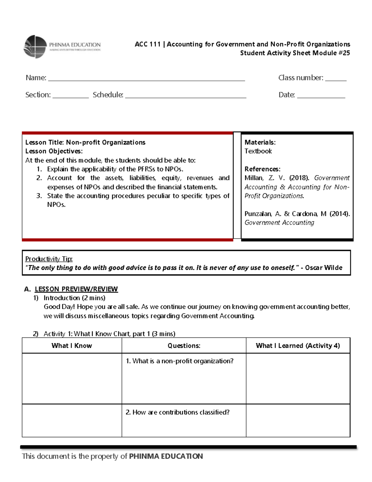 SAS#25-ACC 111 - Student Activity Sheet on NPO Accounting Principles - Studocu