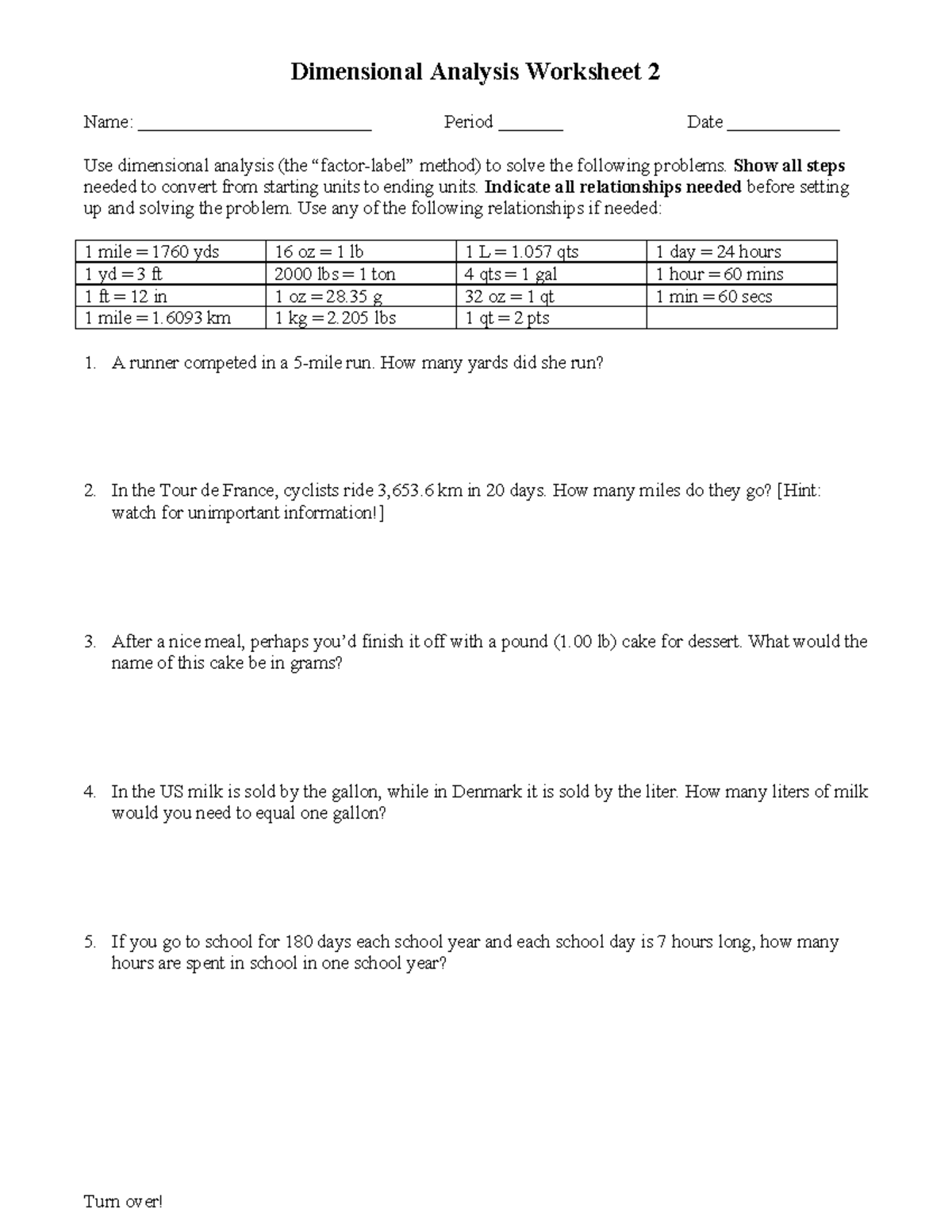 Dimensional Analysis Worksheet 2: Conversions & Relationships - Studocu