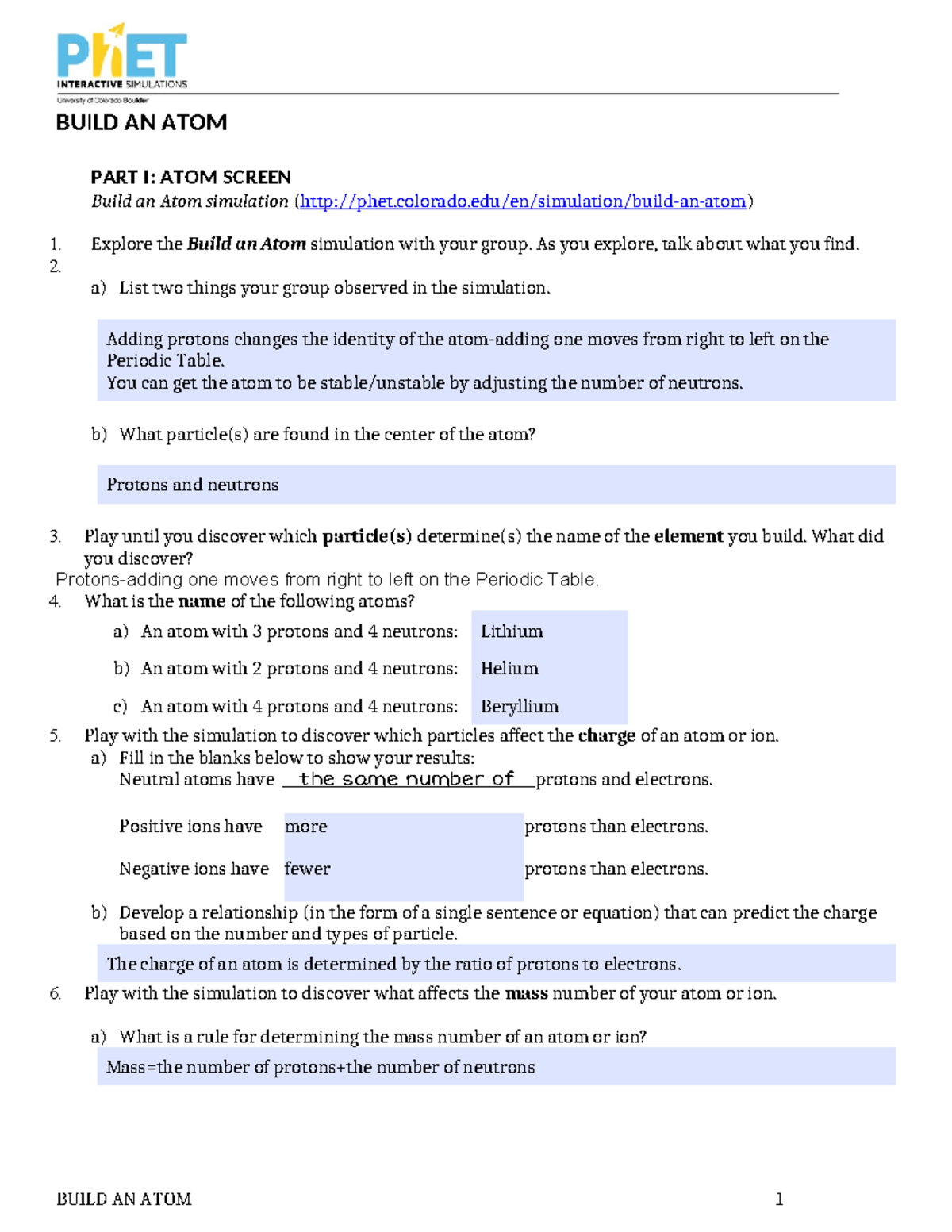 Copy of Phet-build-an-atom 2021 Edition - BUILD AN ATOM PART I: ATOM SCREEN Build an Atom ...