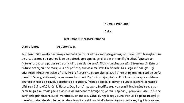 Test limba și literatură română - Cum e lumea de Veronica D. Niculescu ...