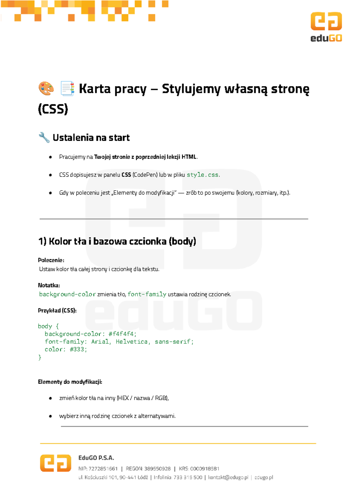 Karta pracy: Stylizacja Mojej Pierwszej Strony (CSS) - Studocu
