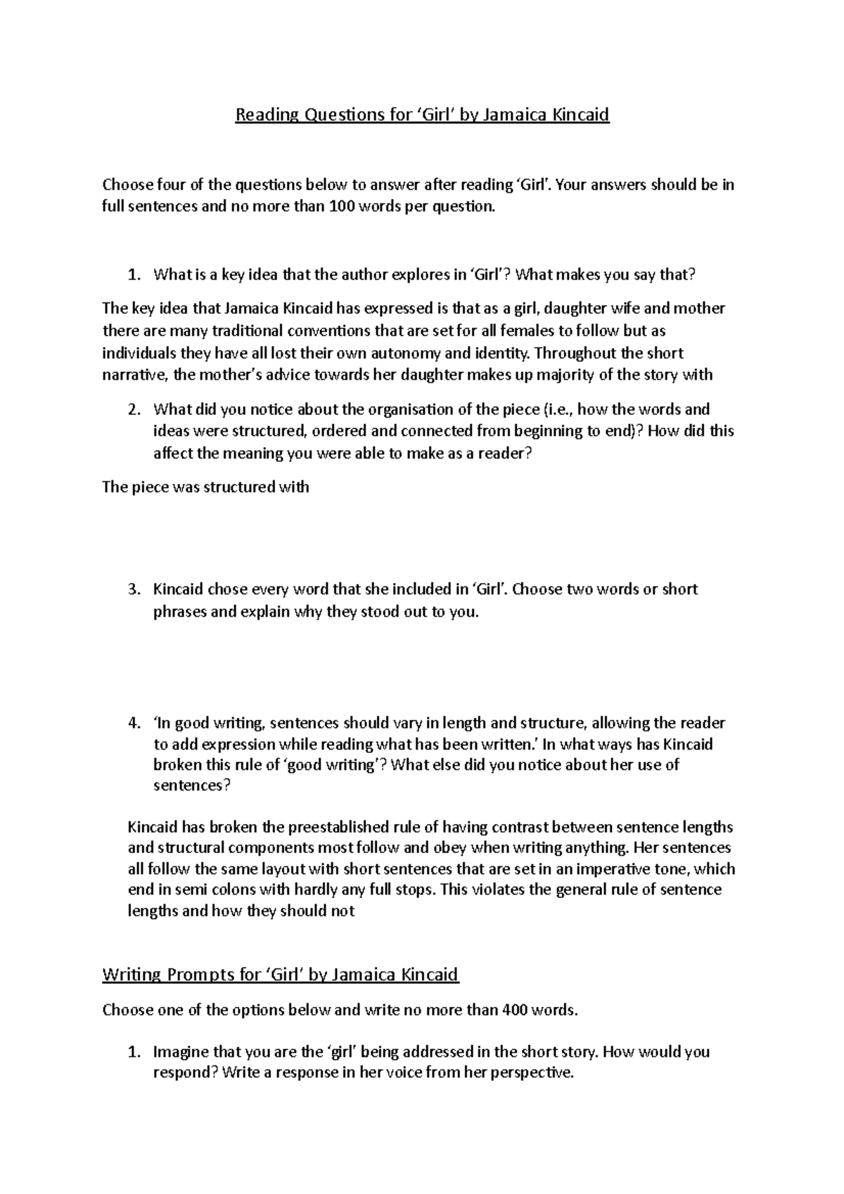 Girl Activities SH - Notes - Reading Questions for ‘Girl’ by Jamaica ...