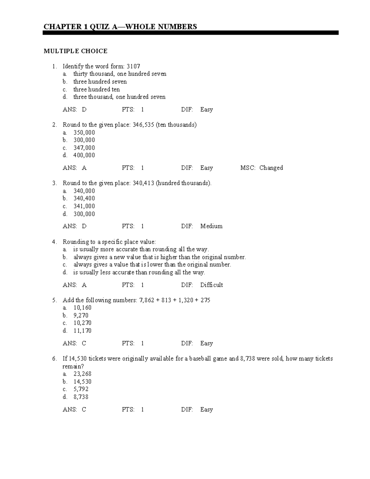 9780324568493 Test Bank: Quiz on Whole Numbers (Ch1) - Studocu