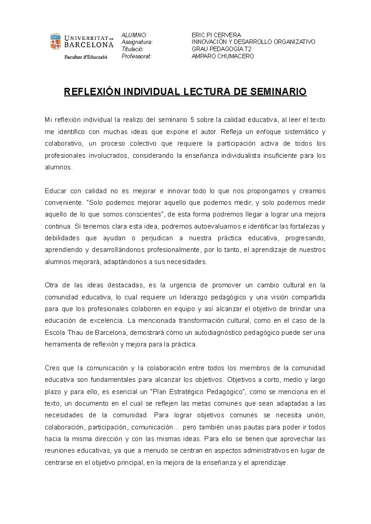 Reflexión Individual sobre Calidad Educativa en Seminario DE - Studocu