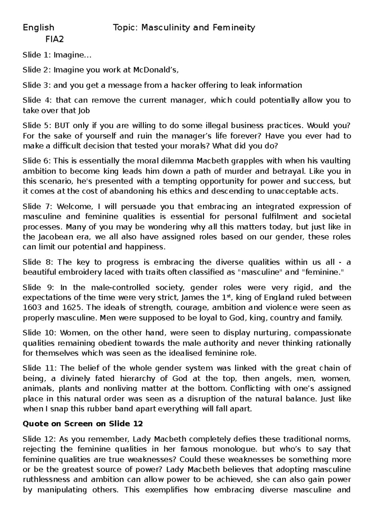 English FIA2 Final Exam: Exploring Masculinity and Femininity in Macbeth - Studocu