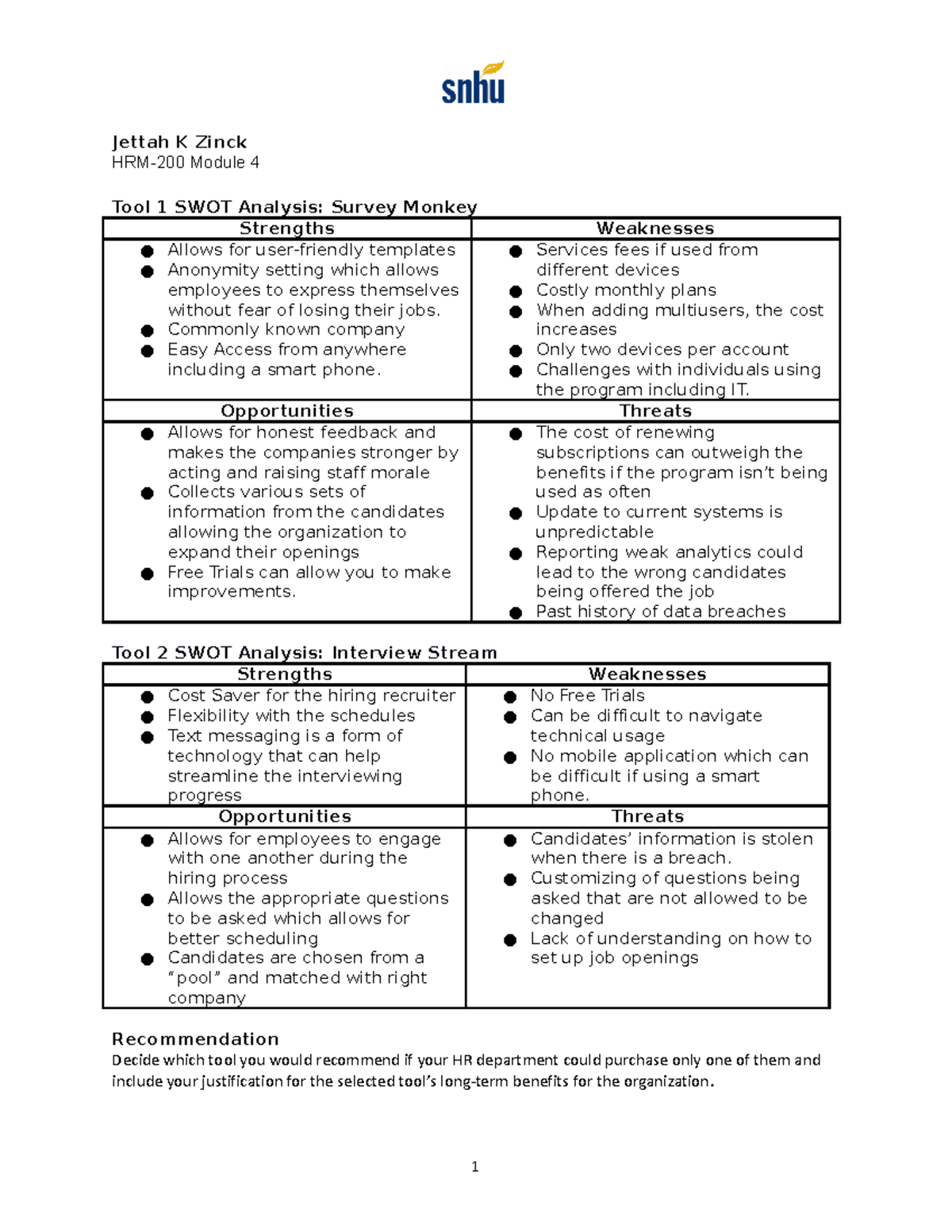 Hrm4-2 - coursework - Jettah K Zinck HRM-200 Module 4 Tool 1 SWOT ...