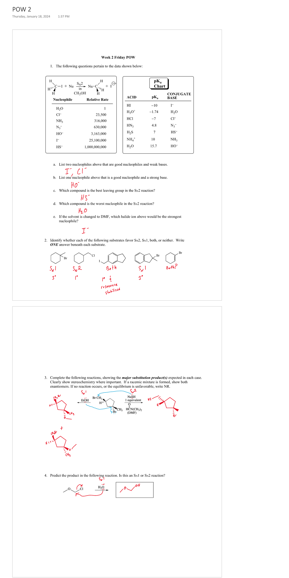 POW 2 - Practice Problems for SN1 & SN2 Reactions Analysis - Studocu