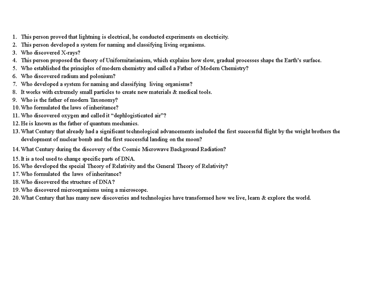BPA 1 Midterm Exam: Key Discoveries in Science and Technology - Studocu