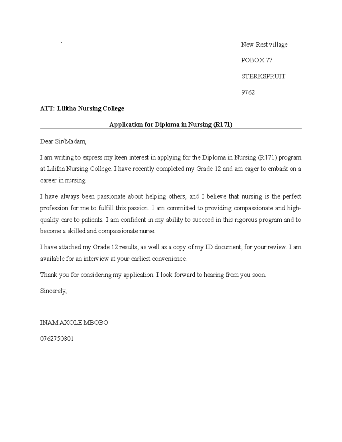 Lilitha Nursing College Application for Diploma in Nursing (R171) - Studocu