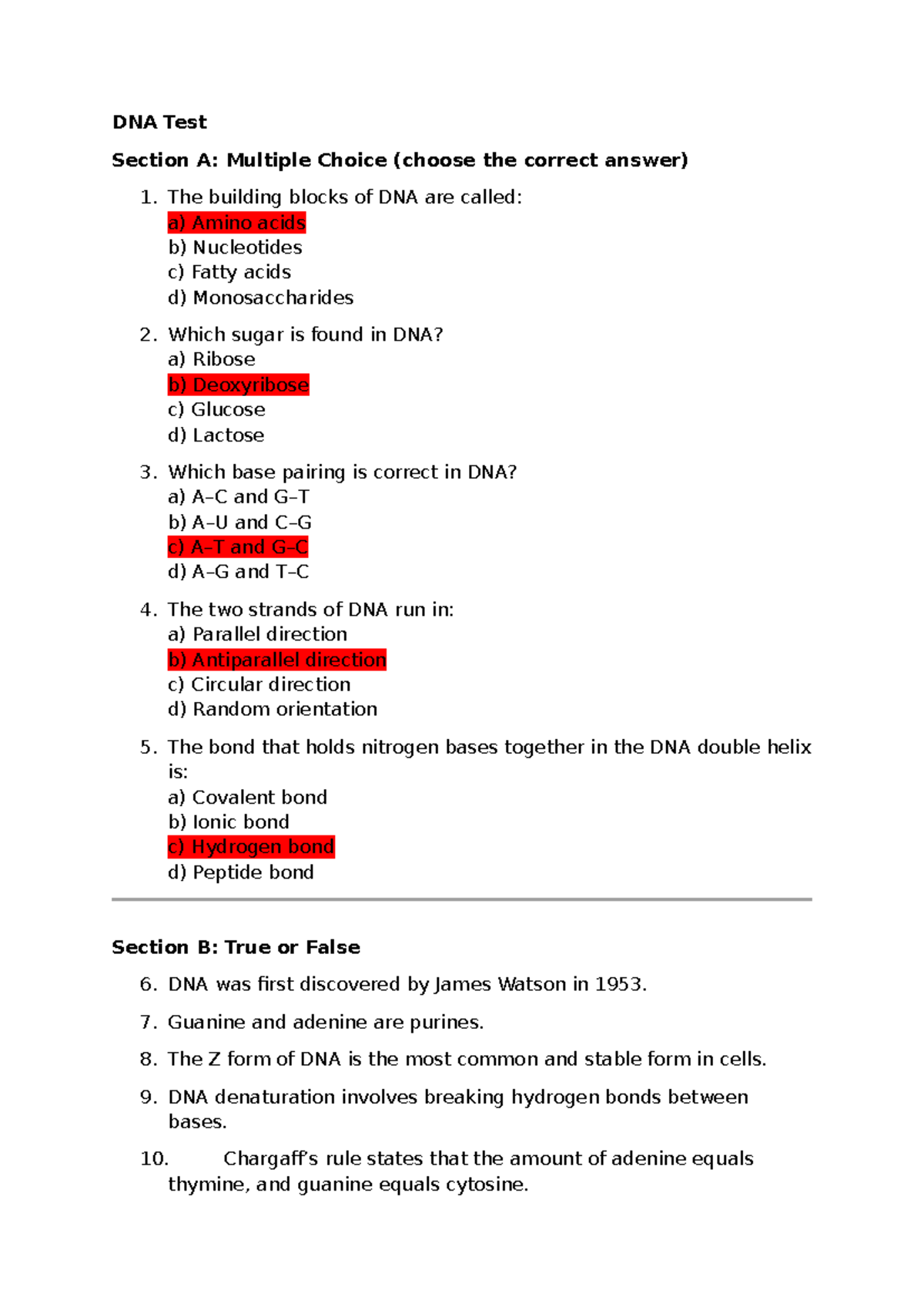 DNA Test - Section A: MCQs, True/False, Short & Long Answers - Studocu