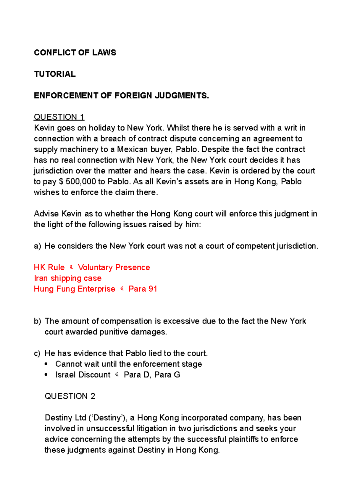 Conflict of Laws: Enforcement of Foreign Judgments Tutorial - Studocu