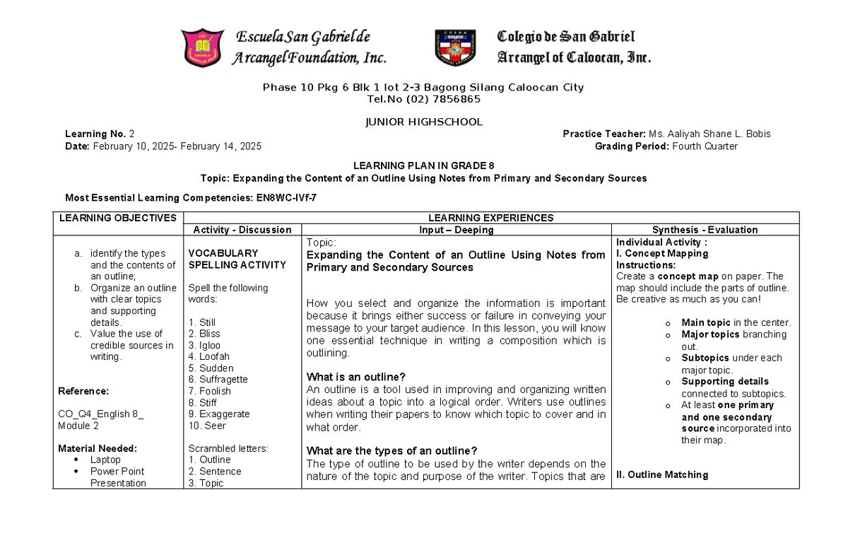 Bobis G8 Parallel LP - LESSON PLANS IN GRADE 8 - Tel (02) 7856865 ...