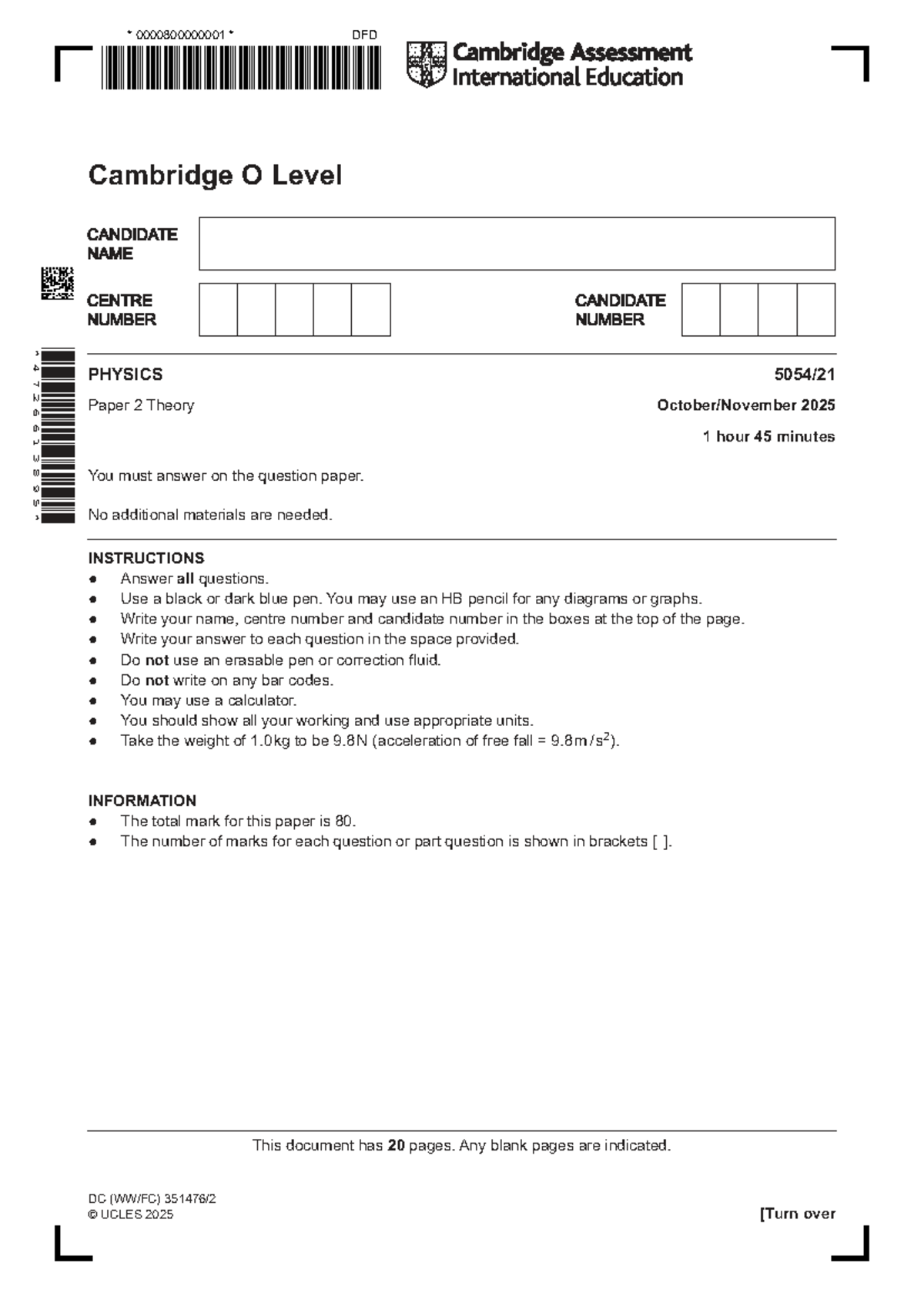 Cambridge O Level 5054 Physics Paper 2 Theory 2025 - 1h 45m Exam - Studocu