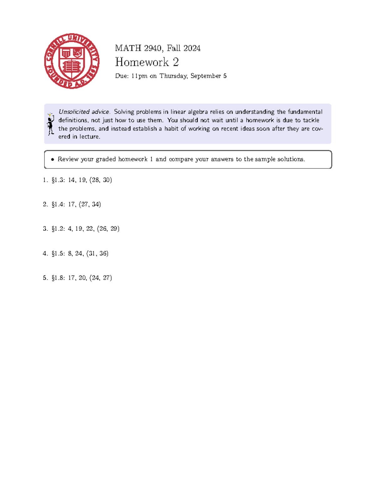 HW2 2940 (problems) - Hw2 - MATH 2940, Fall 2024 Homework 2 Due: 11pm ...