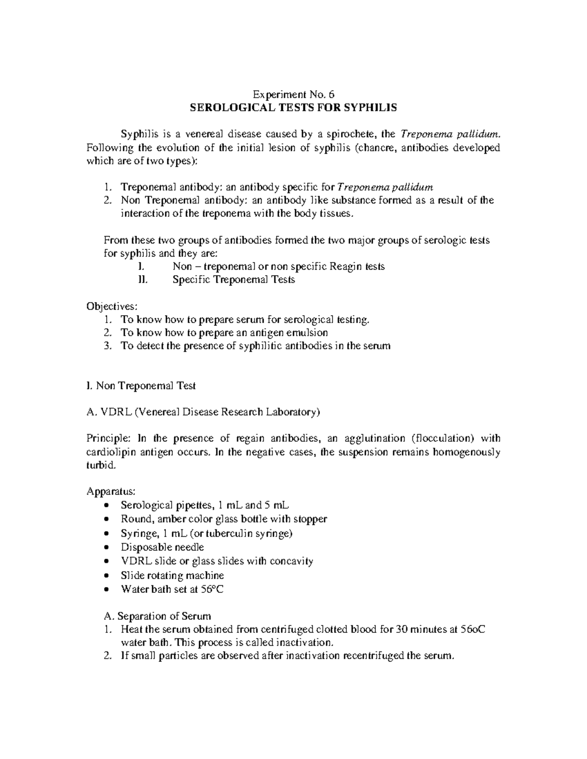 Experiment No. 6: Serological Tests for Syphilis in Medtech IS - Studocu