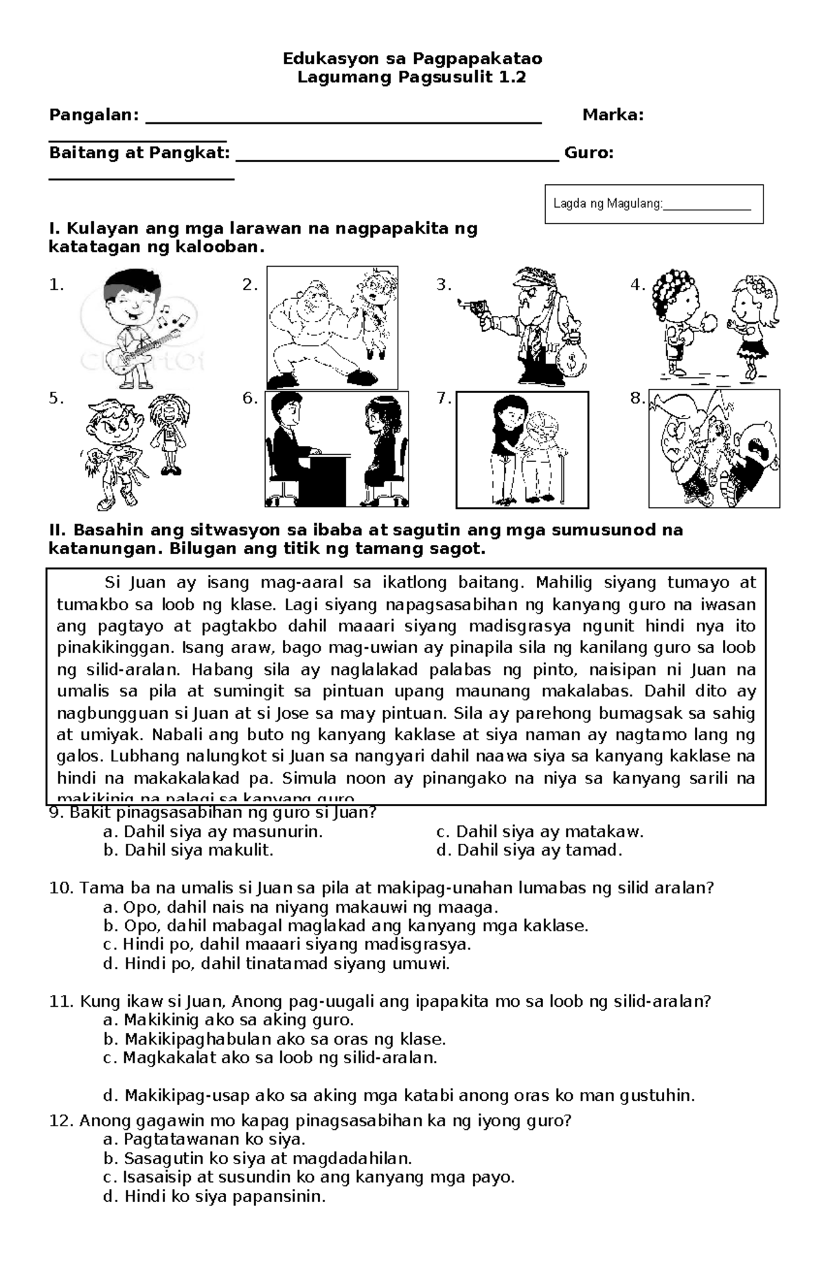 Lagumang Pagsusulit 1.2 all subjects - Edukasyon sa Pagpapakatao ...