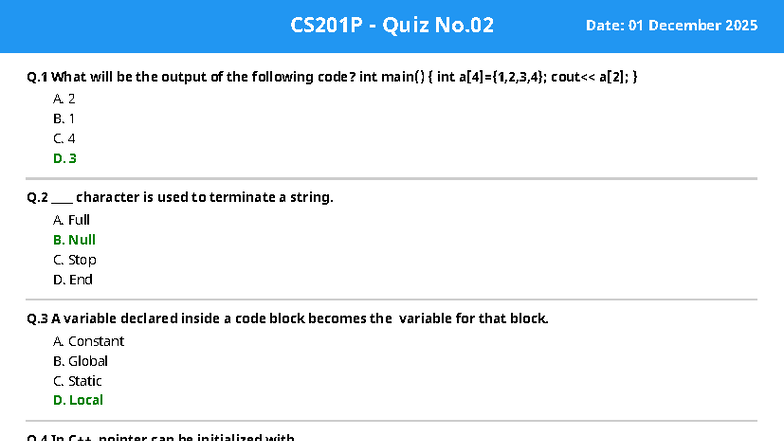 CS201P Quiz No.02 - Code Output and String Manipulation - Studocu