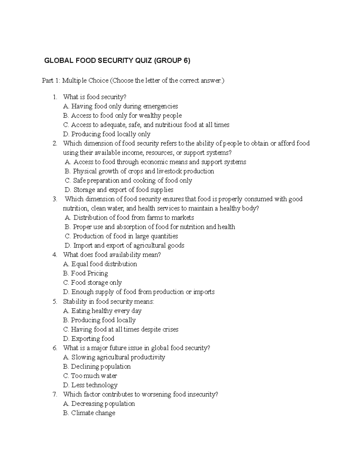Global FOOD SECURITY QUIZ (Group 6) - Multiple Choice & True/False ...