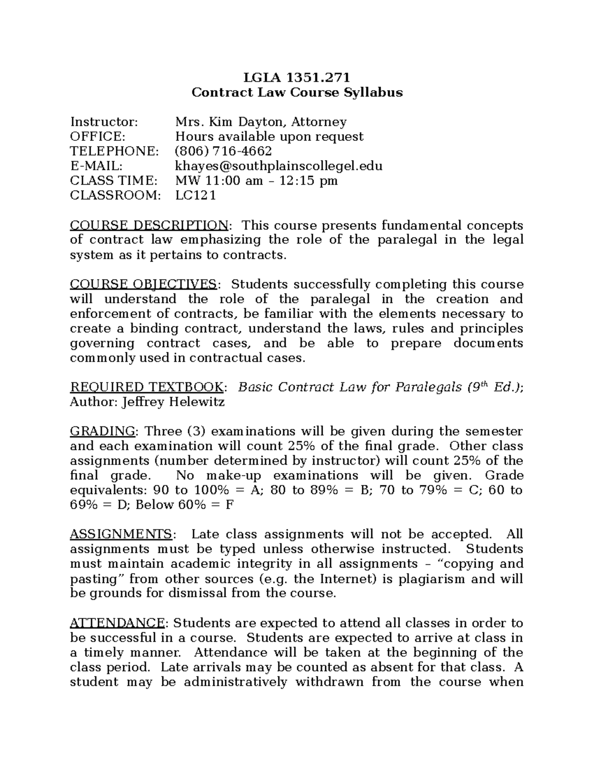 Syllabus Contracts - LGLA 1351. Contract Law Course Syllabus Instructor ...