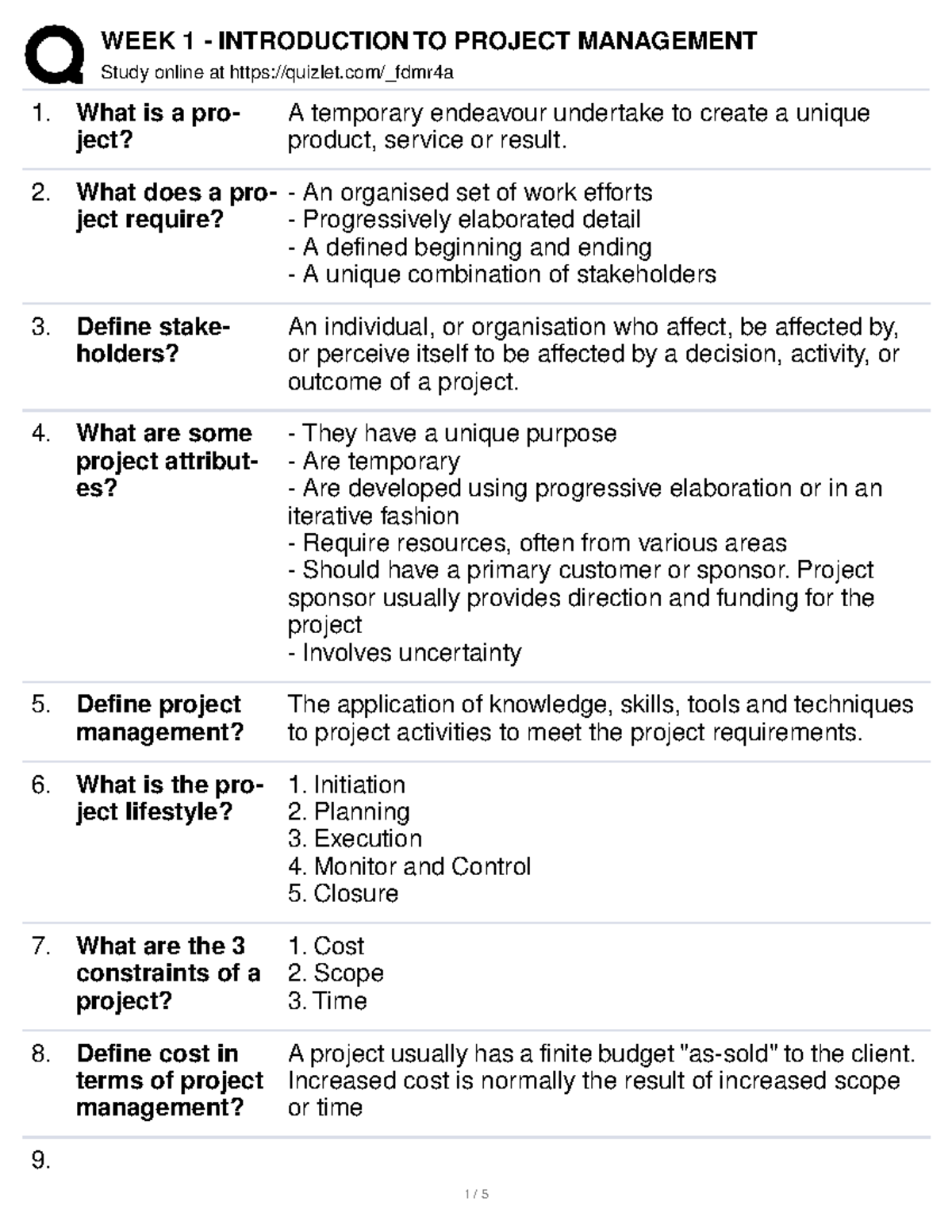 WEEK 1-7 INMT2232 Project Management Overview and Key Concepts - Studocu