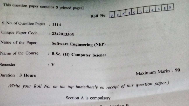 B.Sc. (H) CS V Sem Software Engineering PYQ - 3 Hours Exam - Studocu
