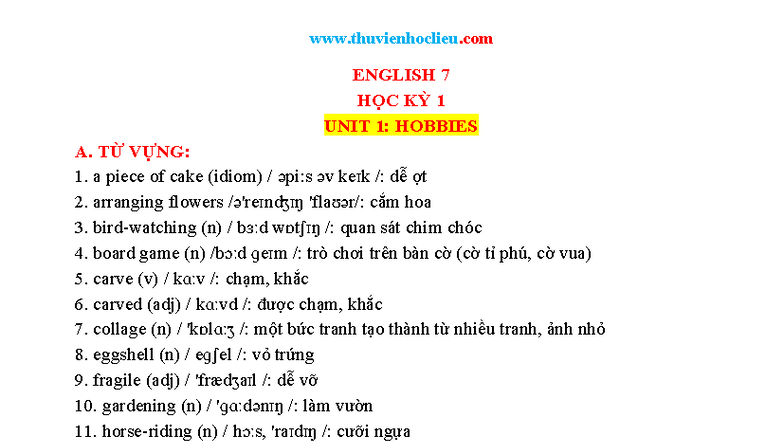 ENGLISH 7 HỌC KỲ 1 UNIT 1: HOBBIES - VOCABULARY & GRAMMAR NOTES - Studocu
