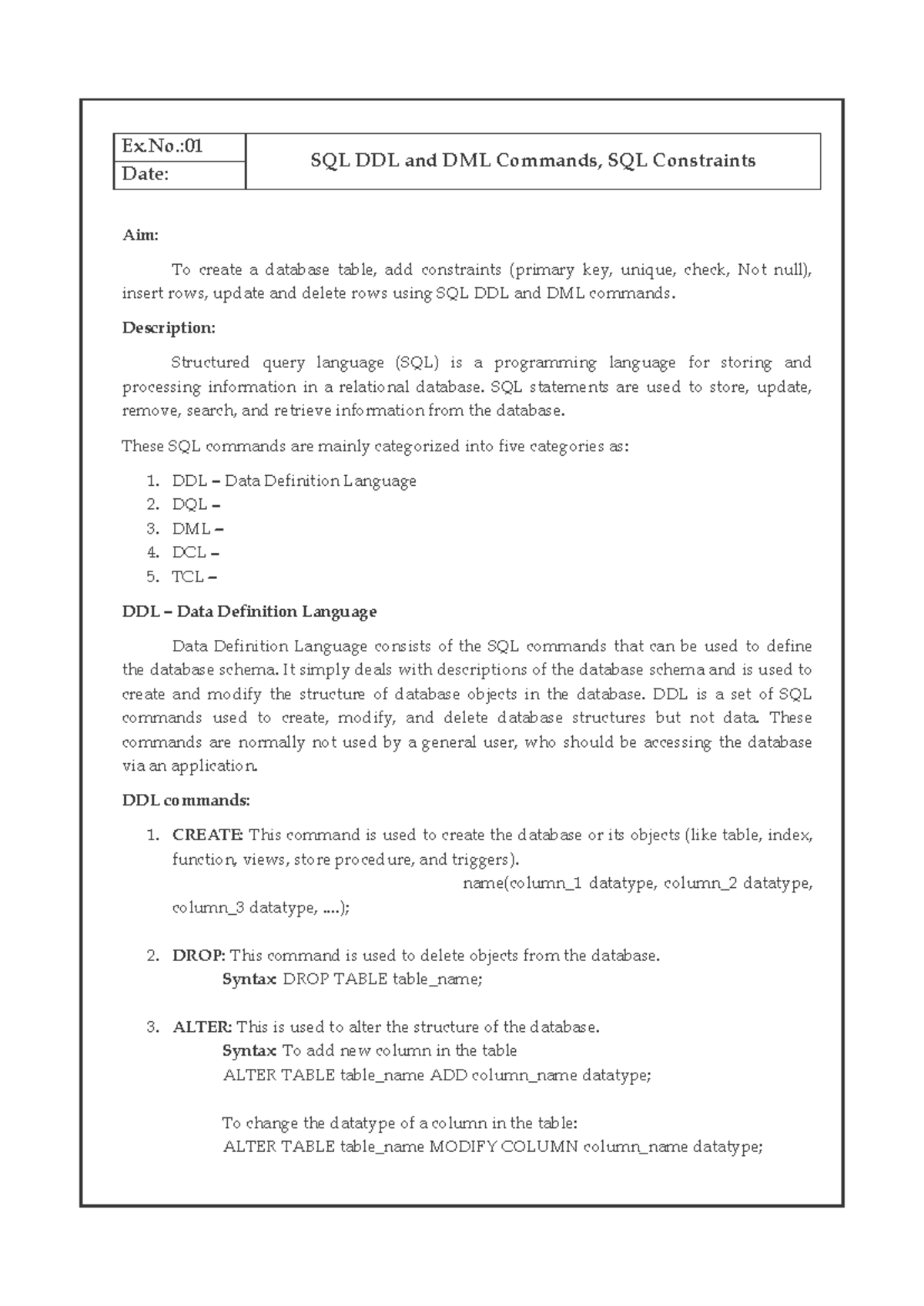 SQL DDL & DML Commands with Constraints - Ex.No.:01 - Studocu
