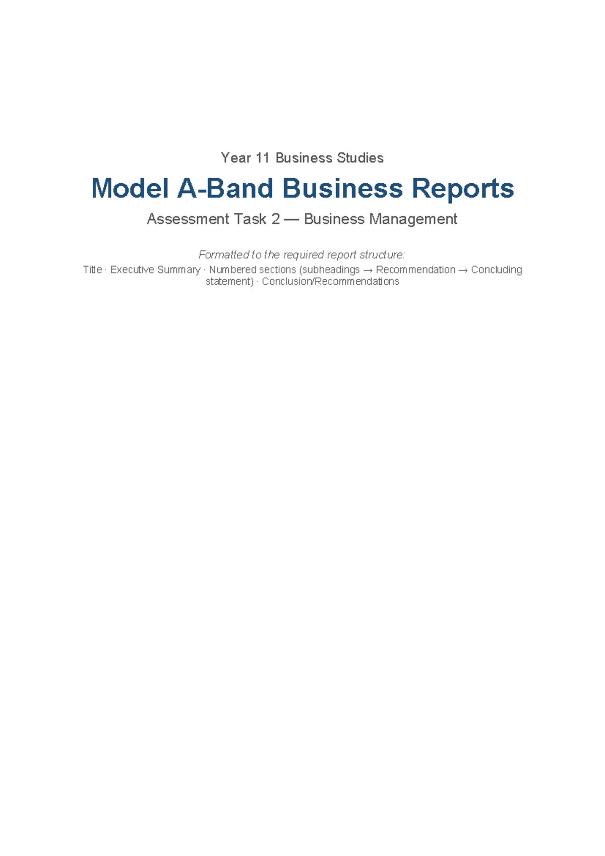 Year 11 Business Studies: Model Business Reports Assessment Task 2 ...