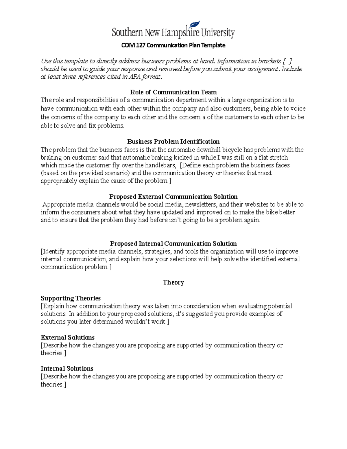 COM 127 Final Exam Communication Plan Template and Guidelines - Studocu