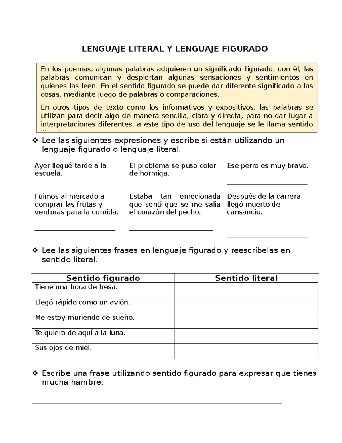 Hojas De Trabajo De Lenguaje Figurativo De Cuarto Grado