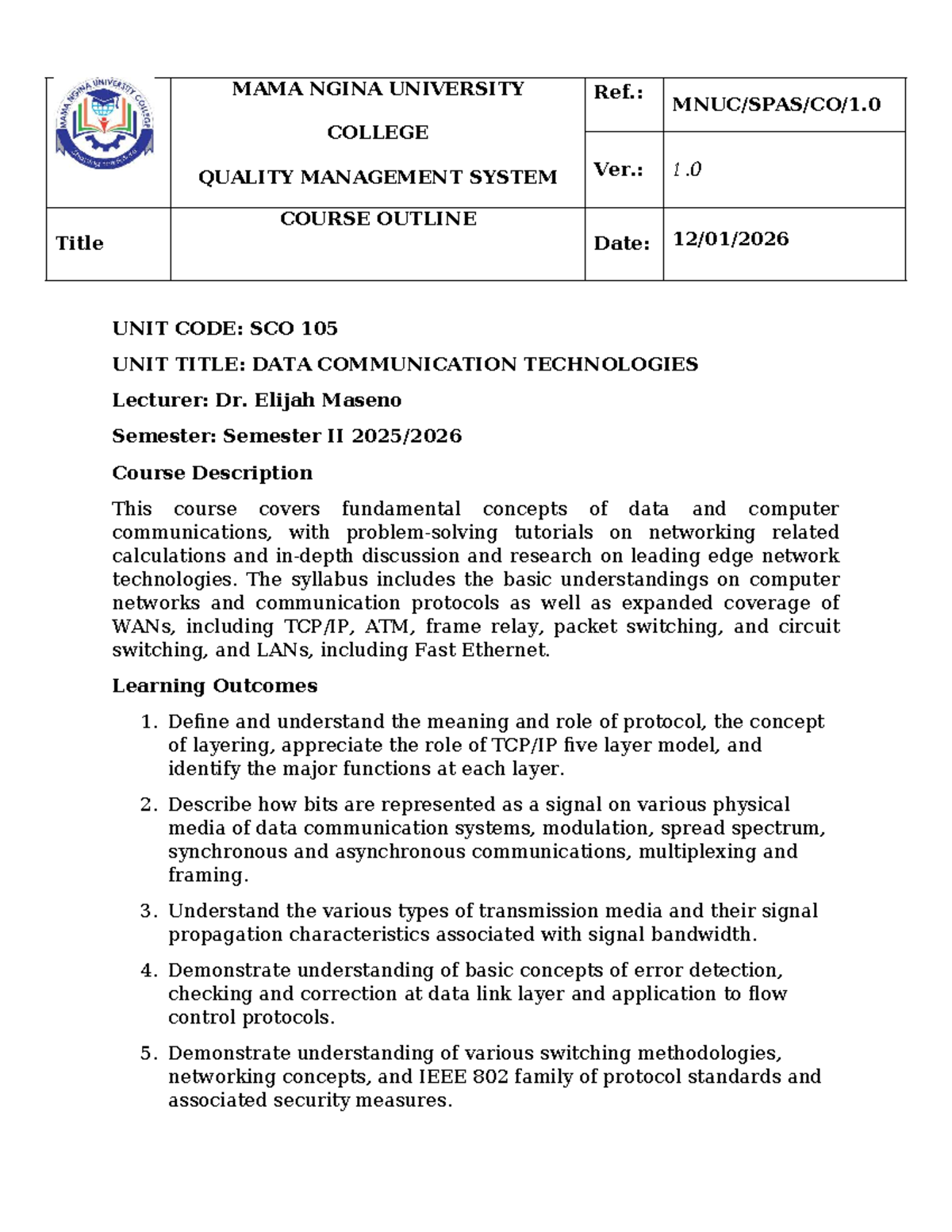 SCO 105 Course Outline: Data Communication Technologies - Studocu