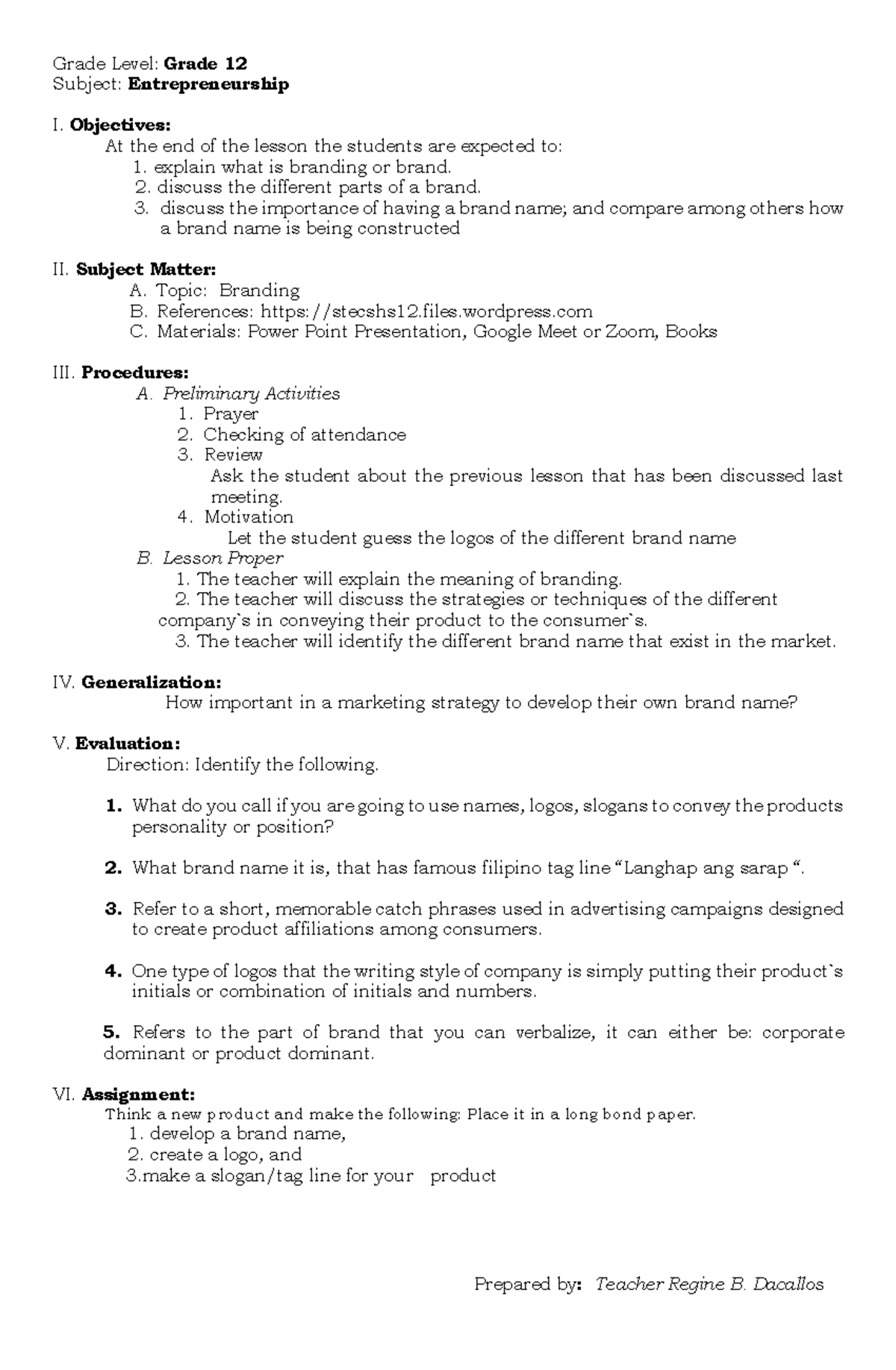 LP- Entrepreneurship - none - Grade Level: Grade 12 Subject ...