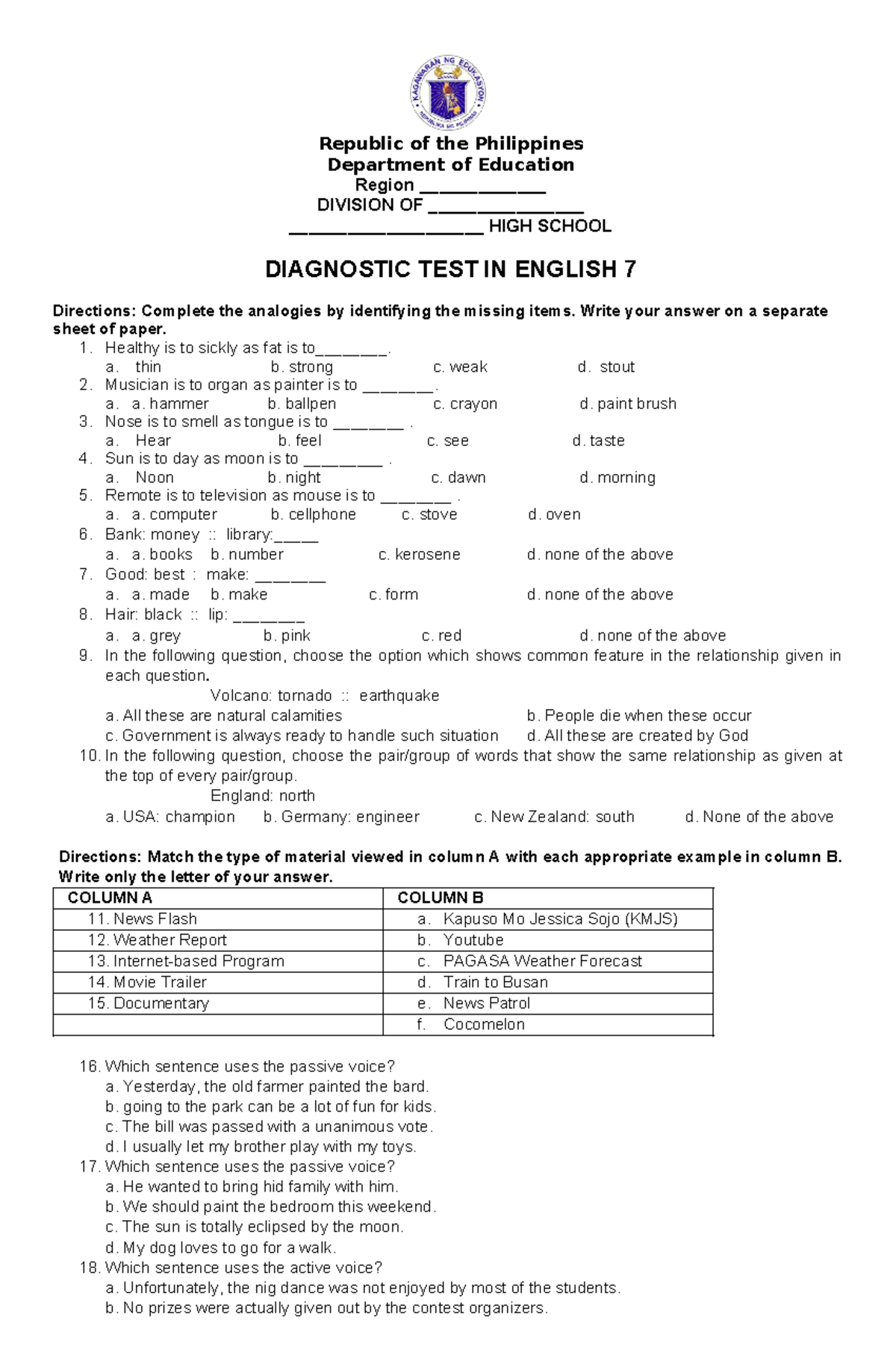Diagnostic Test in English 7 (Version 2) - Analogies and More - Studocu