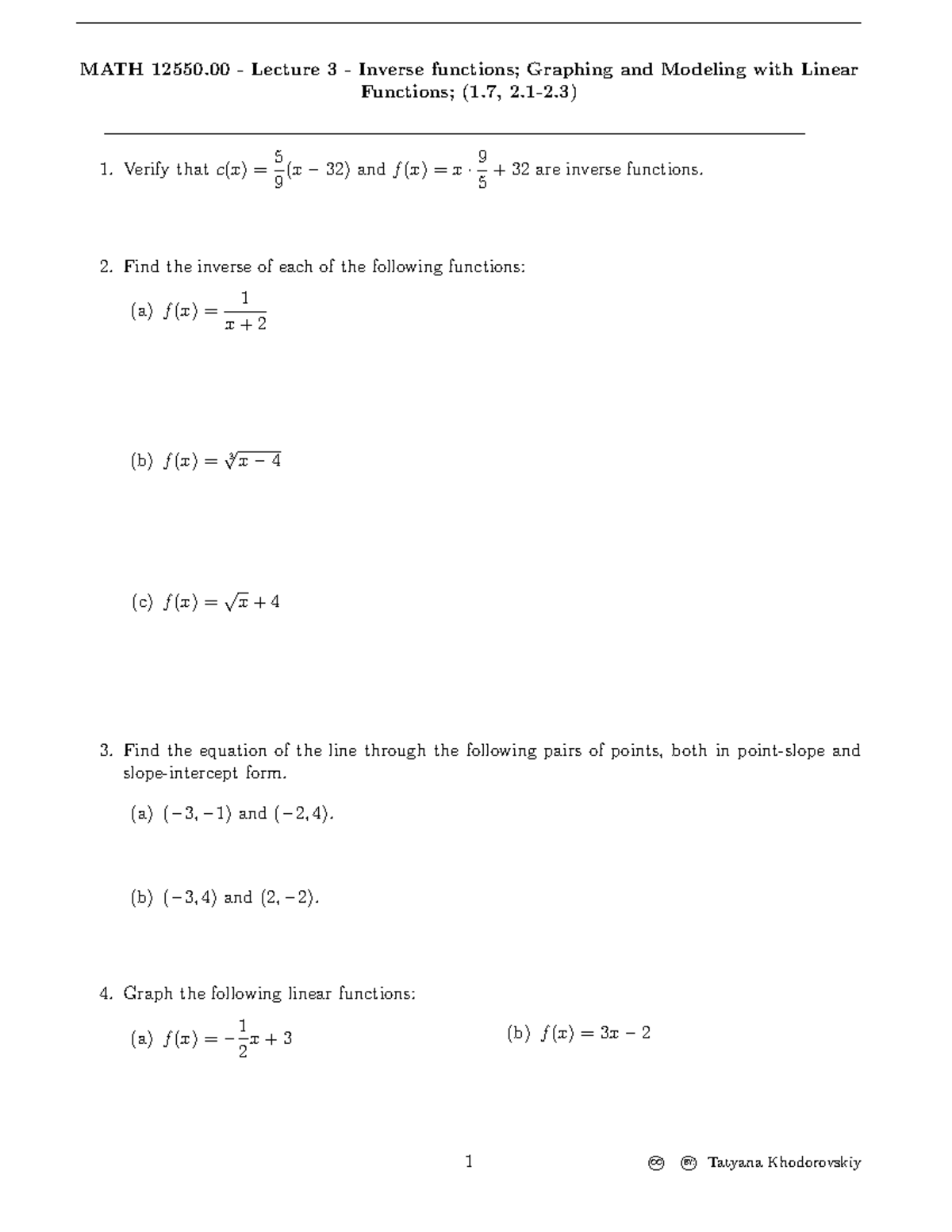 MATH 12550.00 Lecture 3: Inverse Functions & Linear Modeling - Studocu