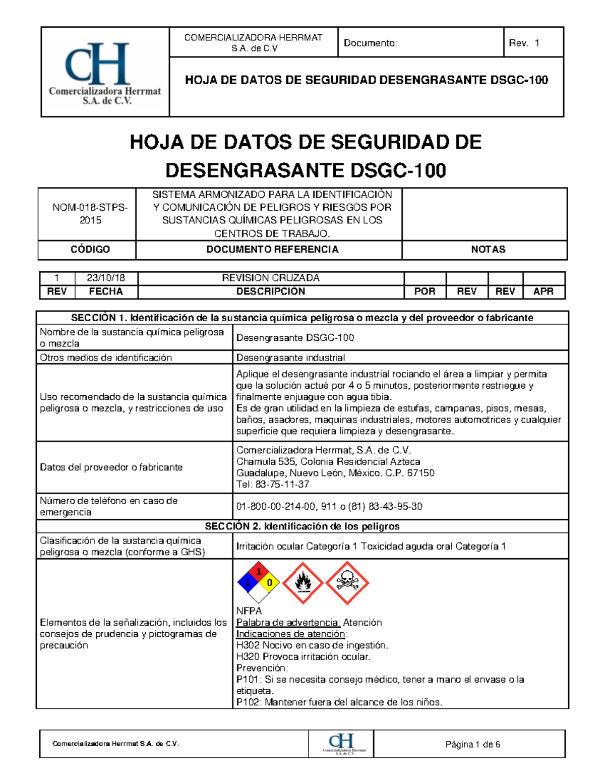 62. Desengrasante - HOJA DE SEGURIDAD - S. de C Documento: Rev. 1 HOJA DE DATOS DE SEGURIDAD ...