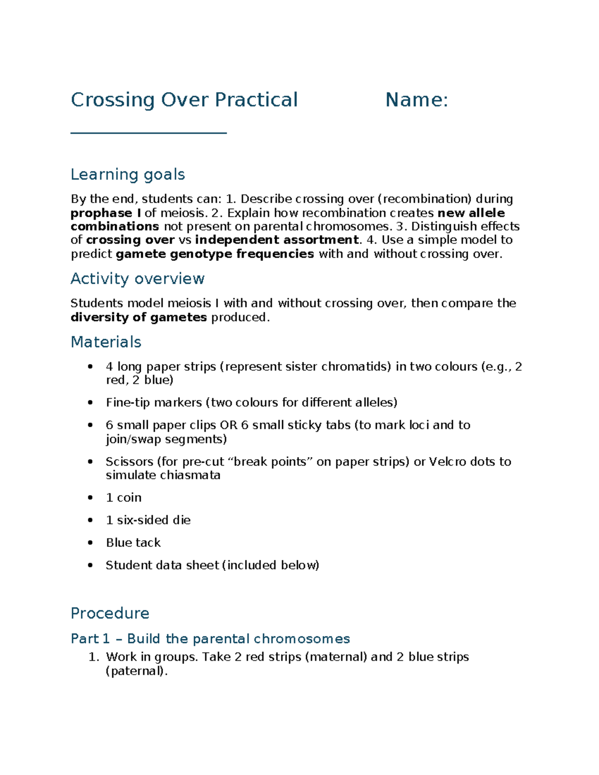 Crossing Over Practical: Meiosis I Modeling Activity - Studocu