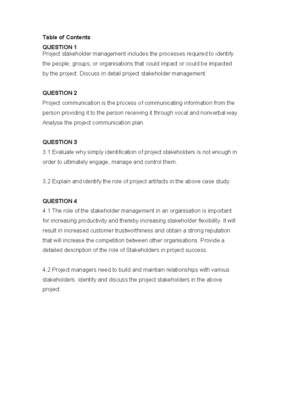 Advanced Project Management - Table of Contents QUESTION 1 Project stakeholder management ...