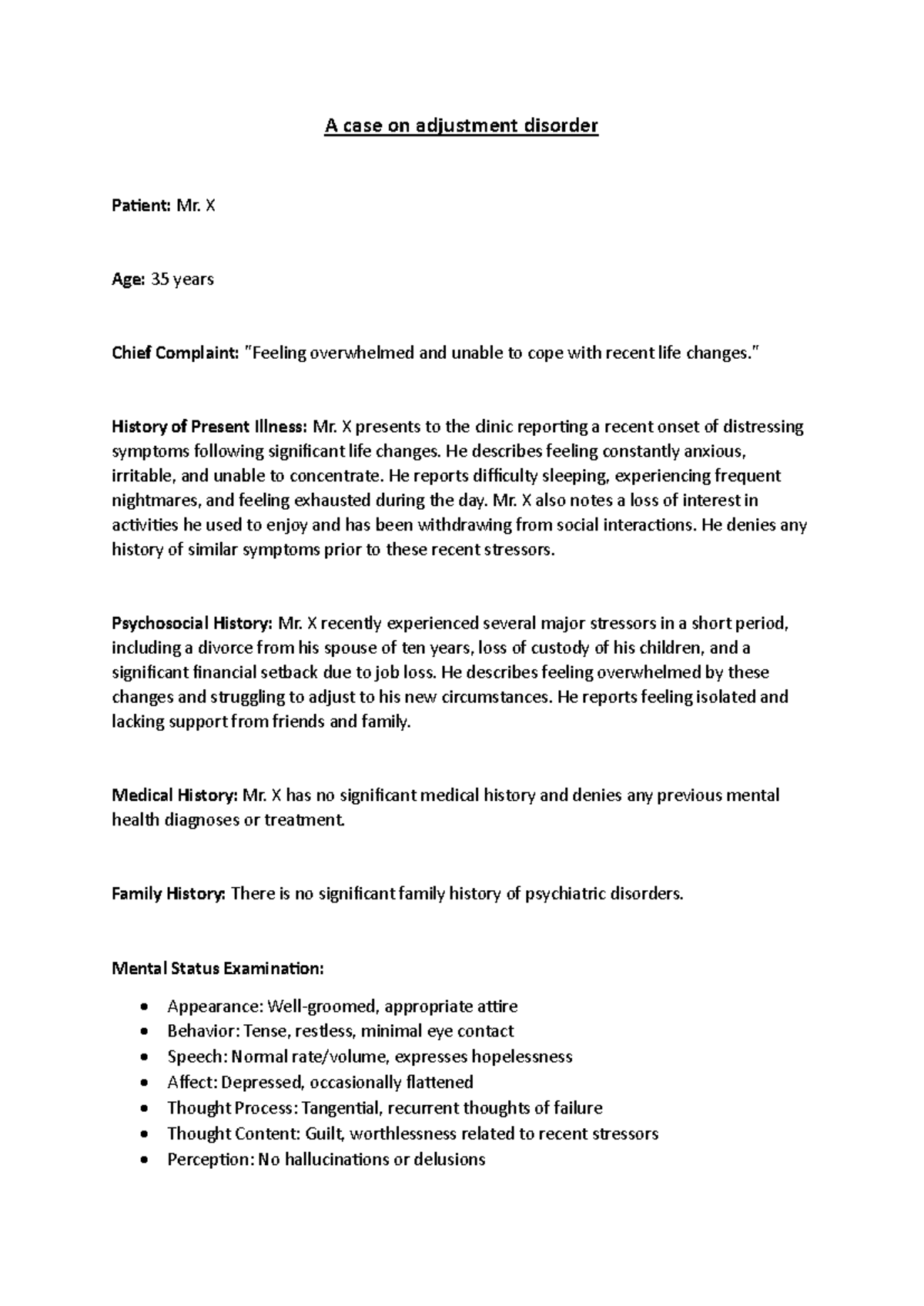 Adjustment Disorder Case Study: Mr. X's Clinical Assessment - Studocu