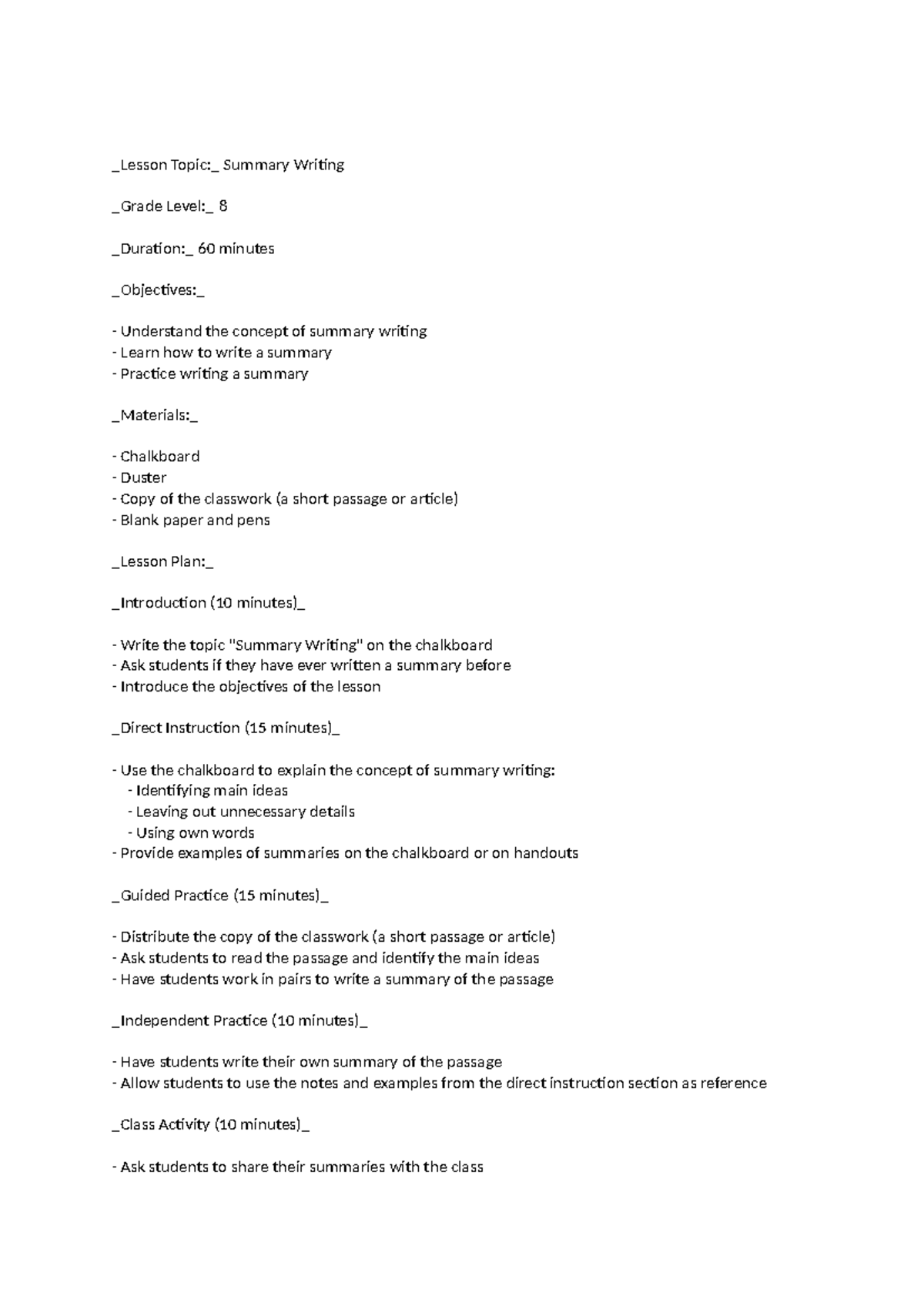 Lesson Plan 4: Summary Writing for Grade 8 Students - Studocu