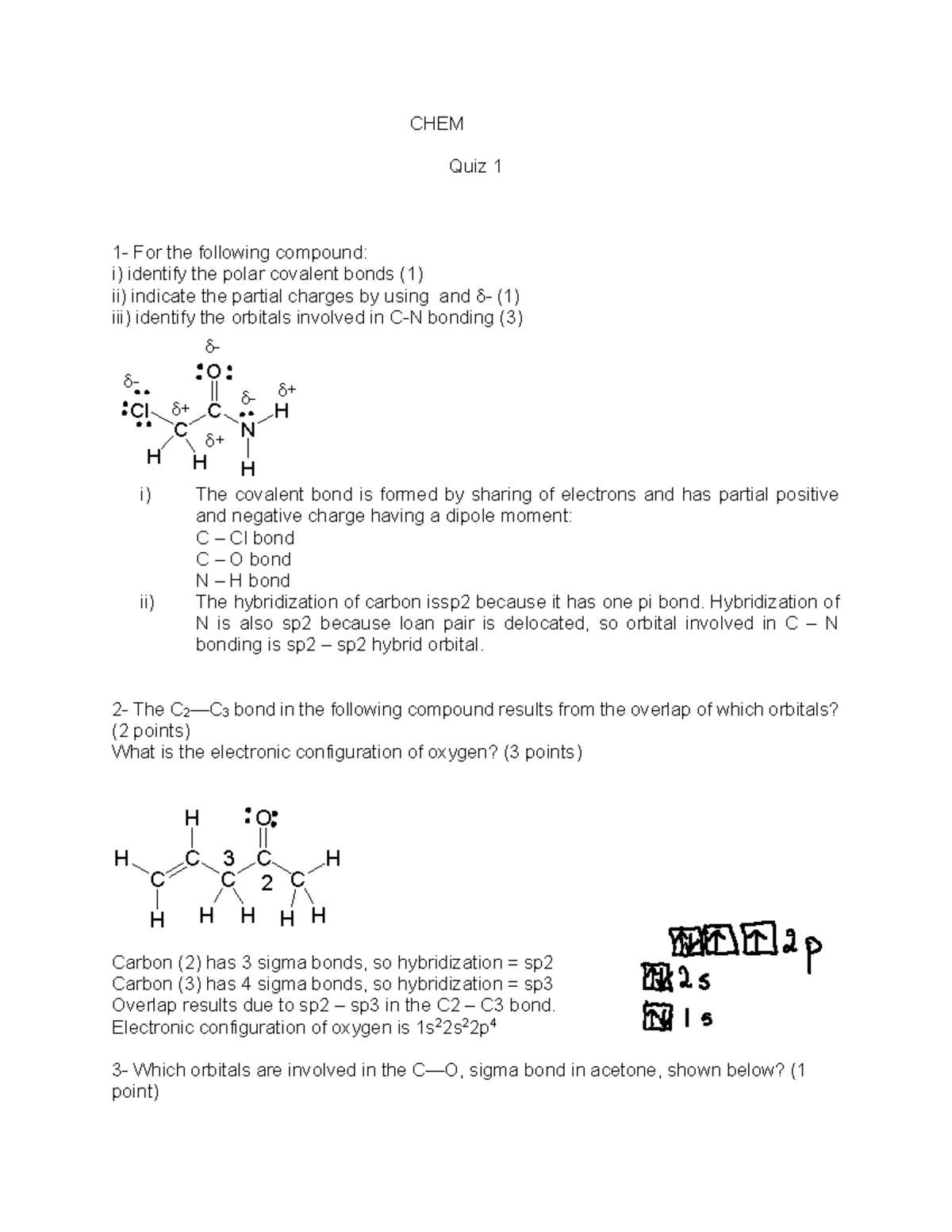 CHEM 2321 Organic Chemistry I Quiz 1 - Summer 2022 Exam Notes - Studocu