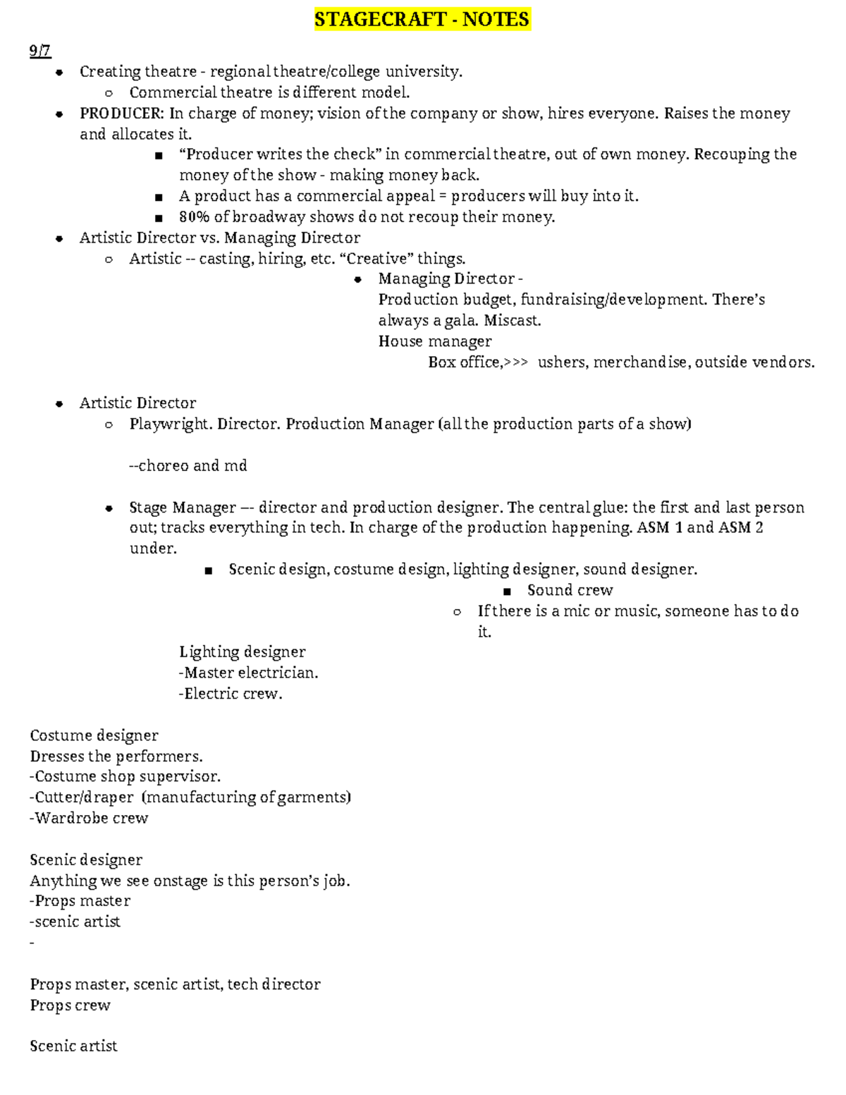 Stagecraft - Notes - Prof. Daryl Embry - detailed overview. - 9/7 ...