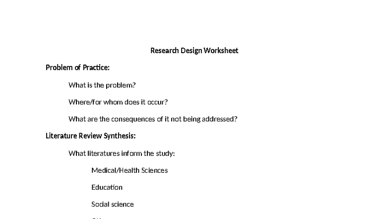 Research Design Worksheet: Exploring Practice Problems & Literature ...