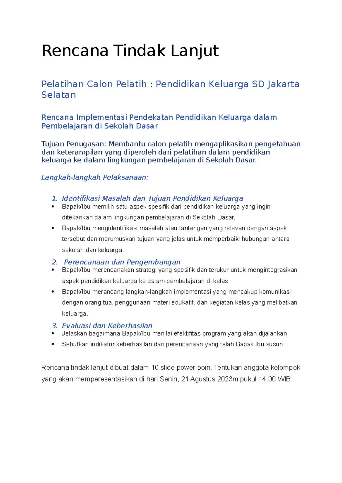RTL PCP - Rencana Tindak Lanjut Pelatihan Pendidikan Keluarga SD - Studocu