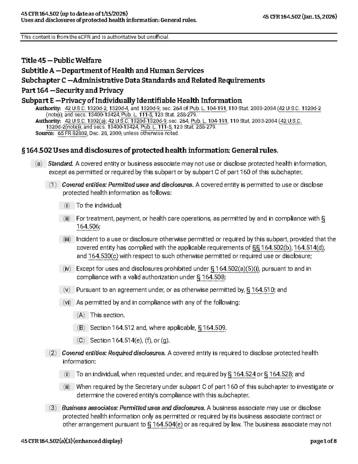 45 CFR 164.502: General Rules on Uses & Disclosures of PHI - Studocu