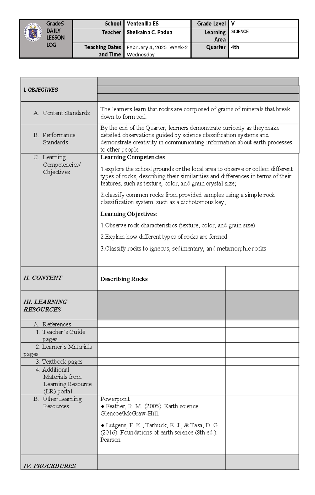 Grade 5 Science Daily Lesson Log: Rocks and Their Formation - Studocu
