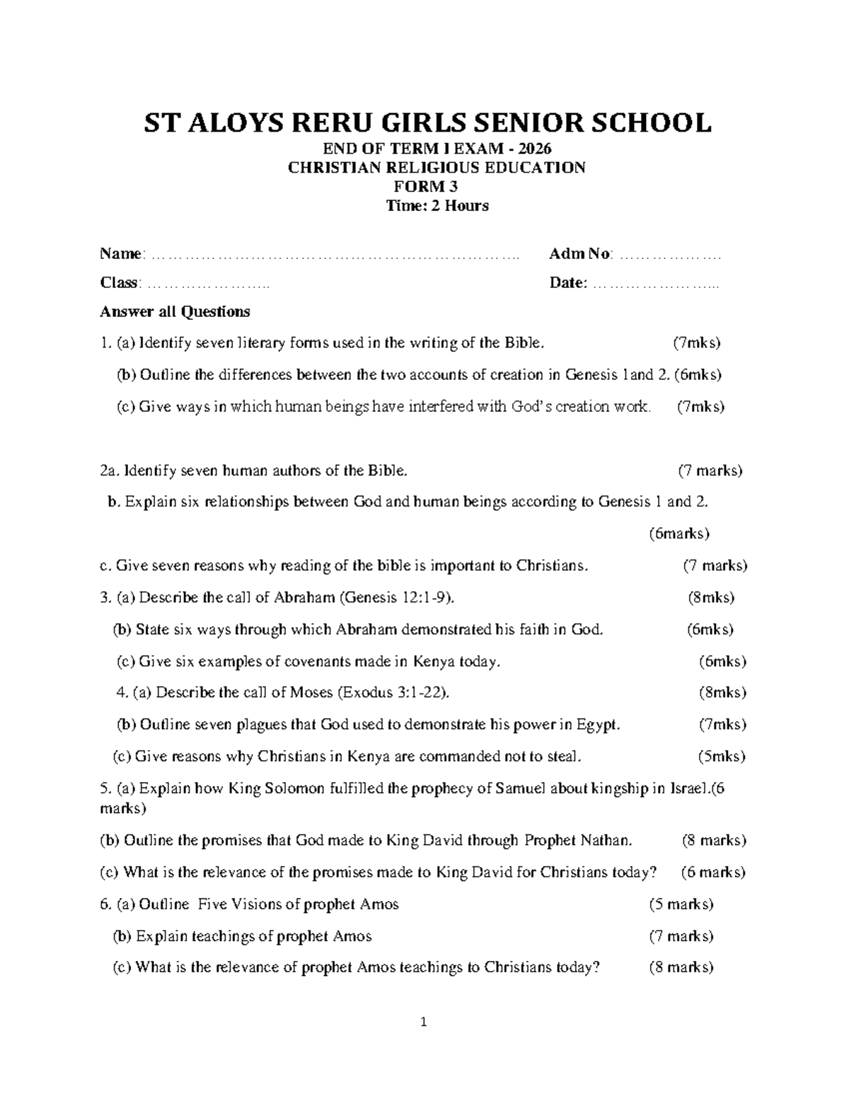CRE FORM 3 END OF TERM I EXAM 2026 - STUDY NOTES - Studocu