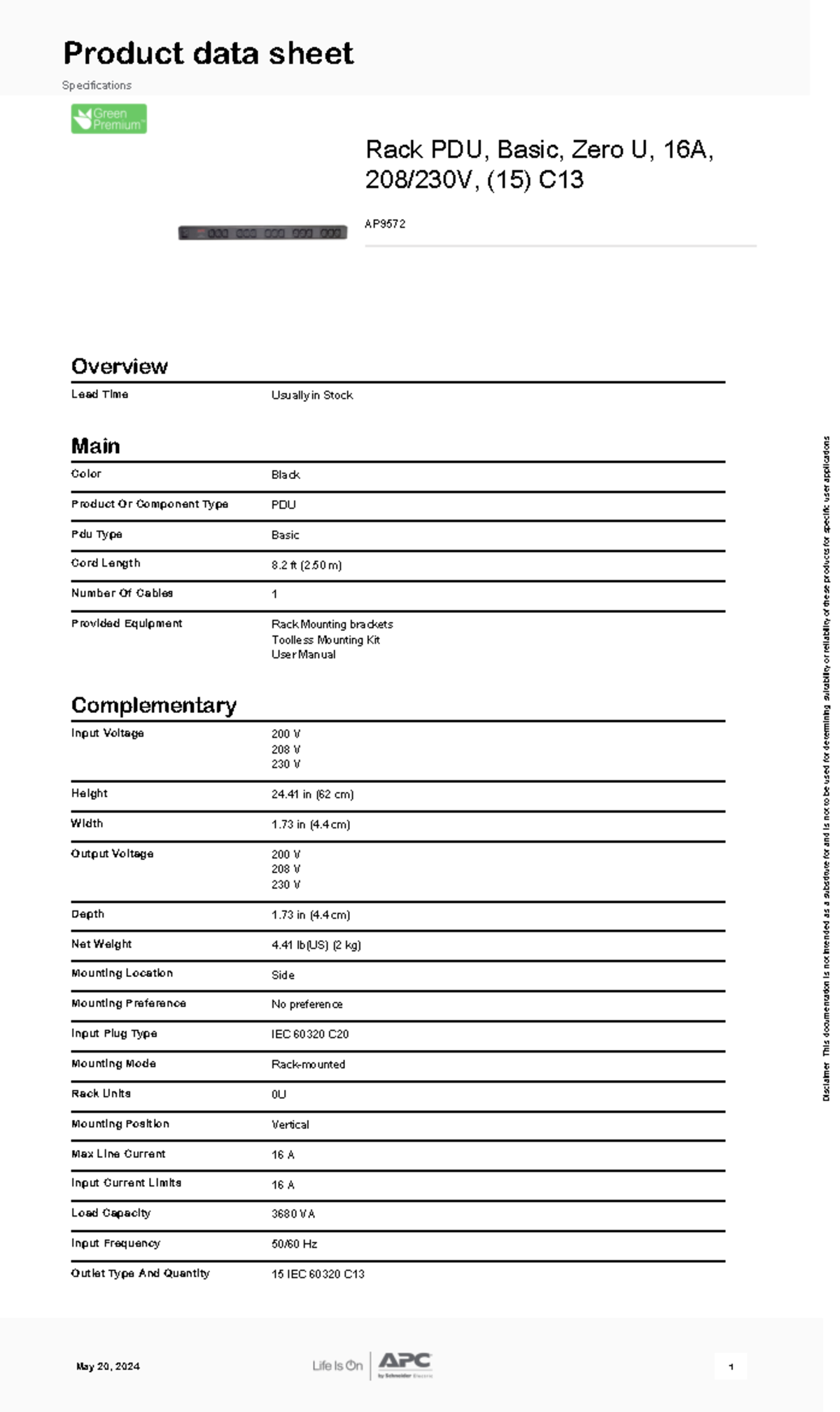 APC Net Shelter-Basic-Rack-PDUs AP9572 - Rack PDU, Basic, Zero U, 16A ...
