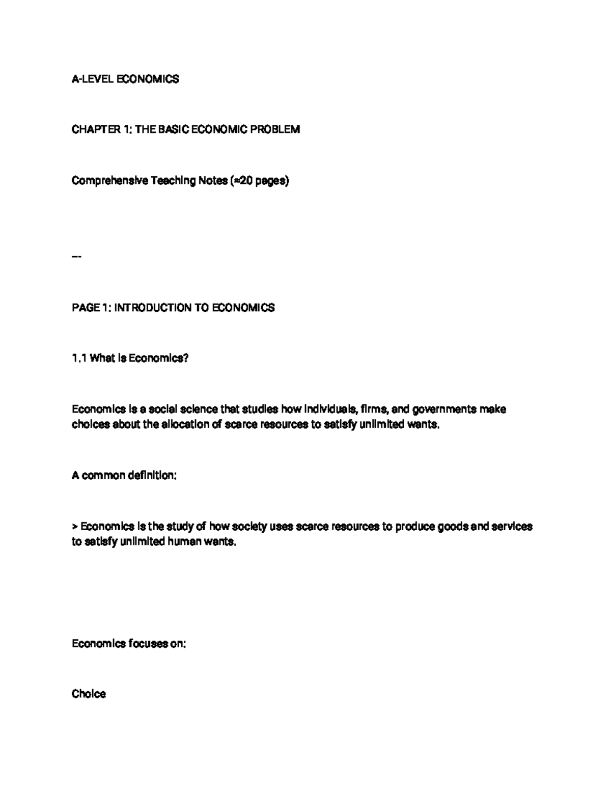 ECON 101: Chapter 1 - The Basic Economic Problem Notes - Studocu